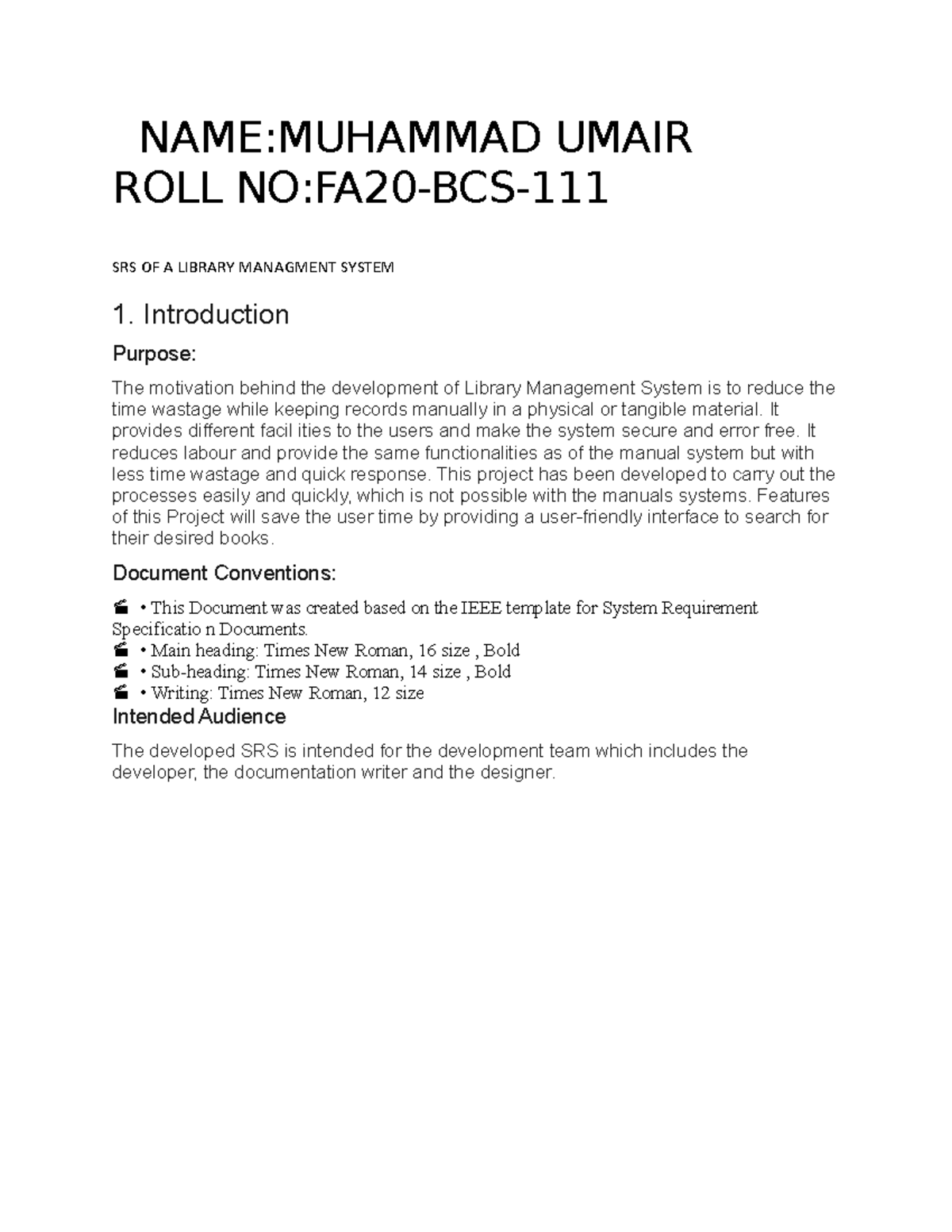 Muhammad umair srs of software engineering concepts - NAME:MUHAMMAD UMAIR ROLL NO:FA20-BCS ...