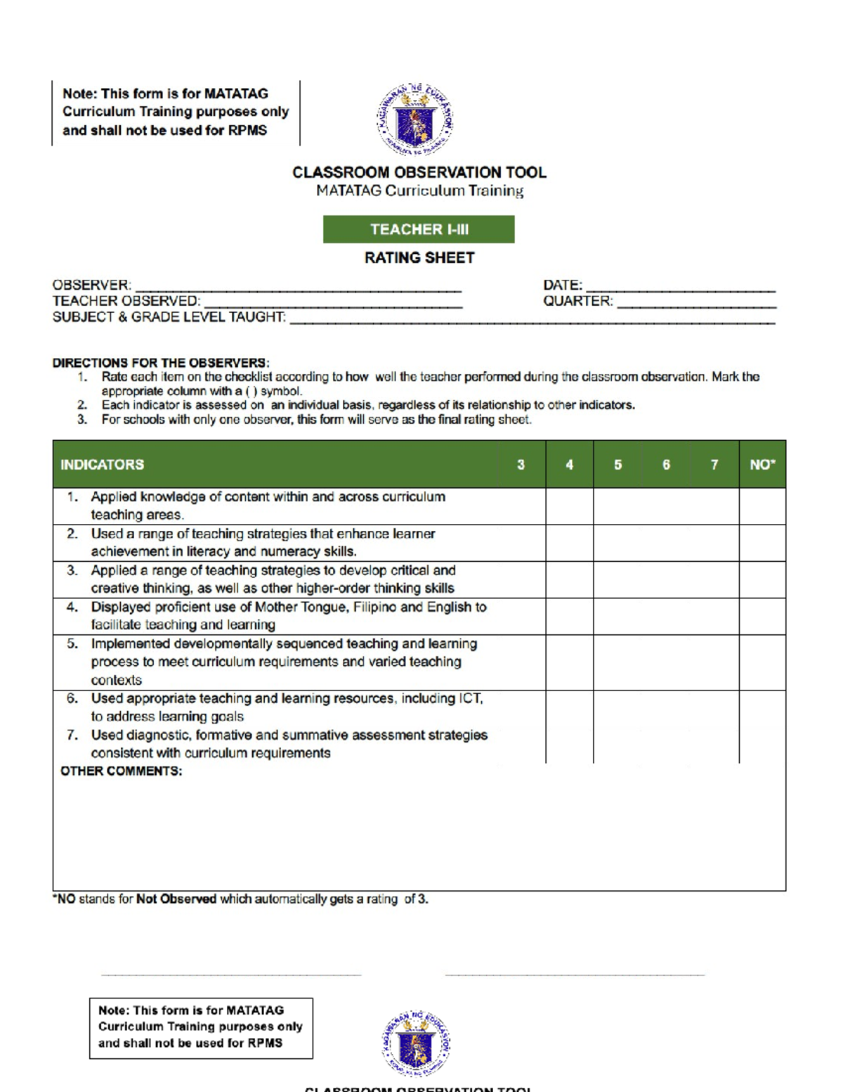 Cot-matatag-demo - COT matata Demo - NG Note: This form is for MATATAG Curriculum Training ...