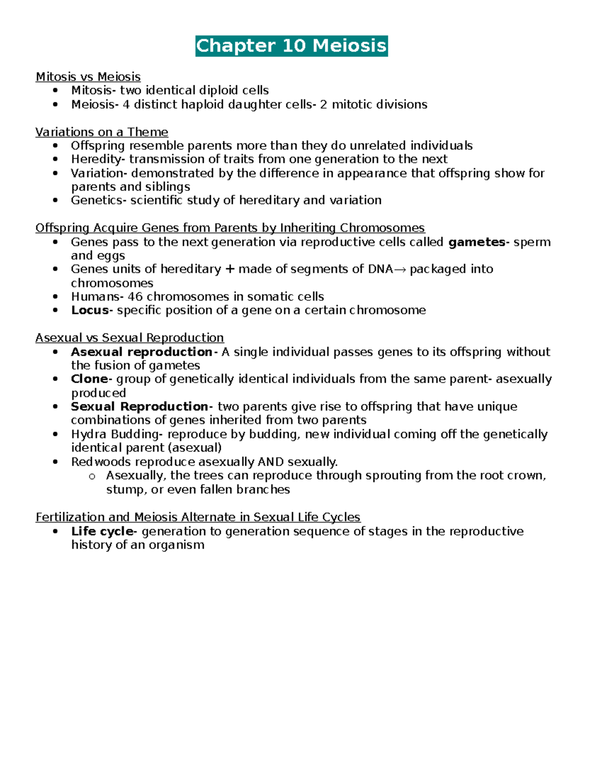 Bio 131- Exam 4 Study Guide - Chapter 10 Meiosis Mitosis vs Meiosis ...