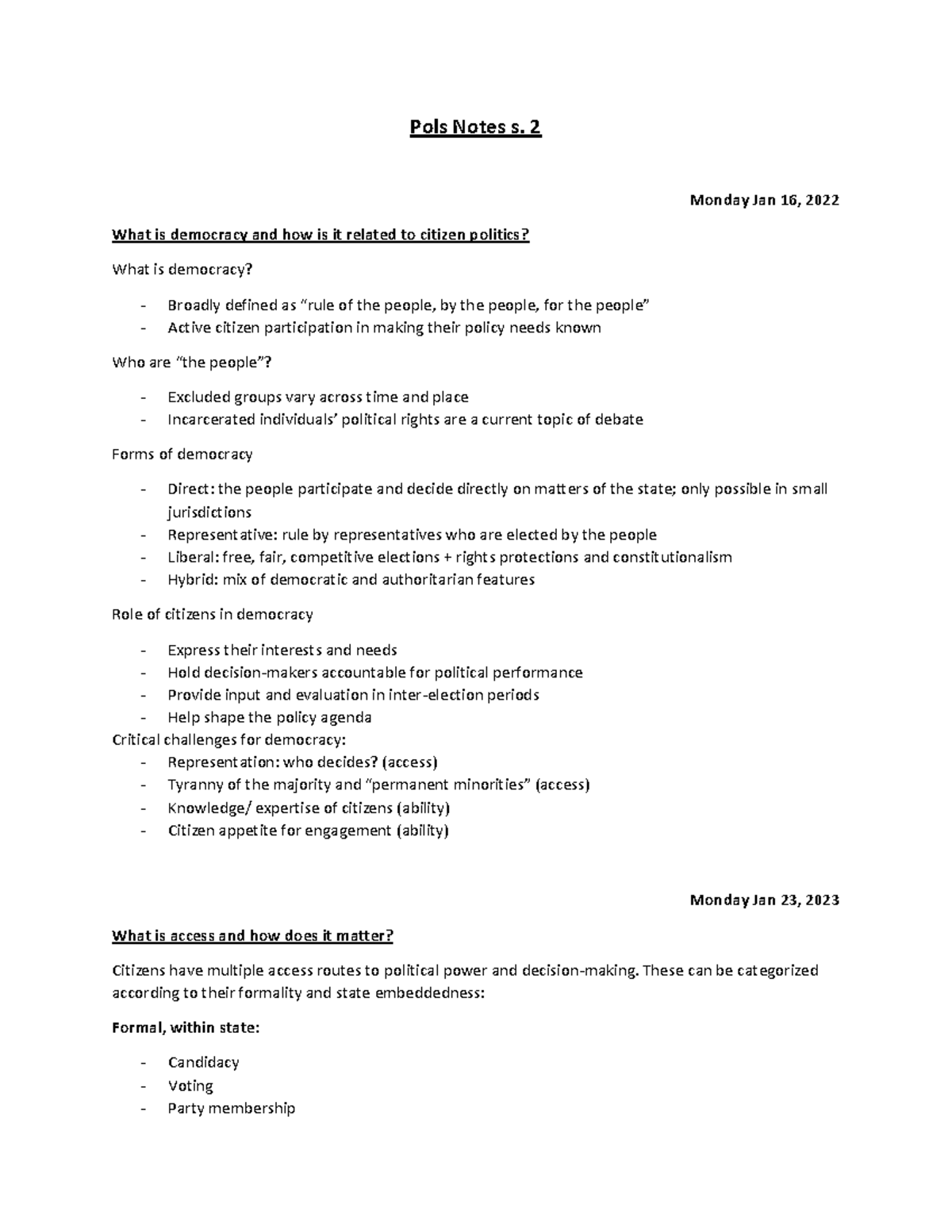 Pols notes s2 - Pols Notes s. 2 Monday Jan 16, 2022 What is democracy ...