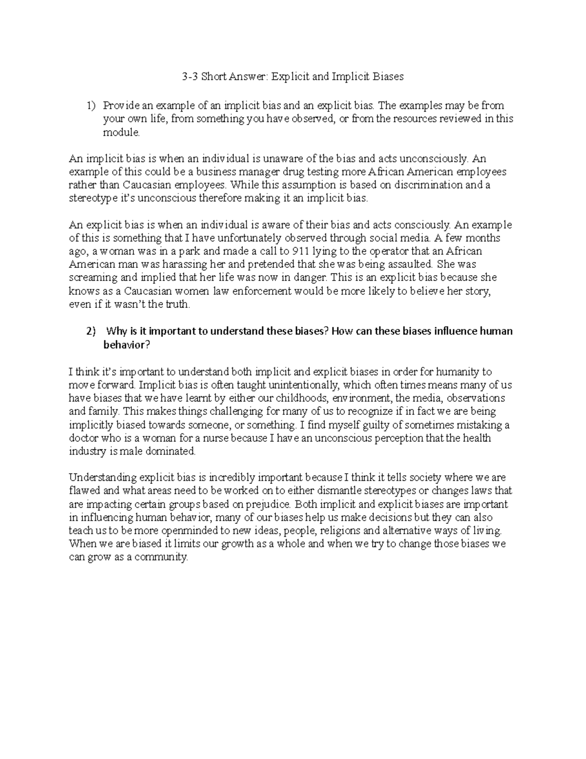 3-3 Short Answer- Explicit and Implicit Biases - 3-3 Short Answer ...