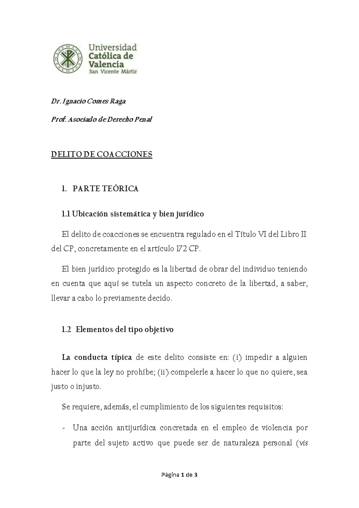 5. Delitos de Coacciones - Página 1 de 3 Dr. Ignacio Comes Raga Prof. Asociado de Derecho Penal ...
