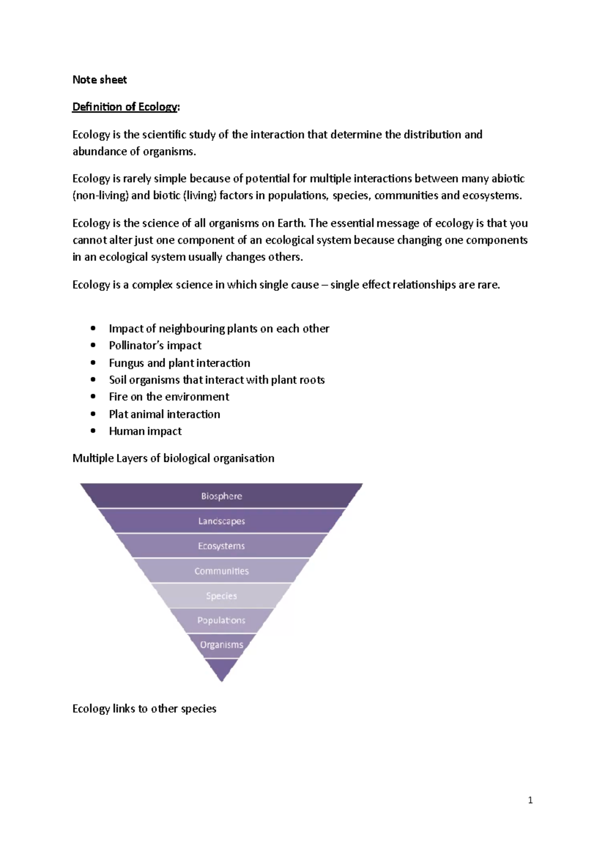 Notes for studying for exam - Note sheet Definition of Ecology: Ecology ...