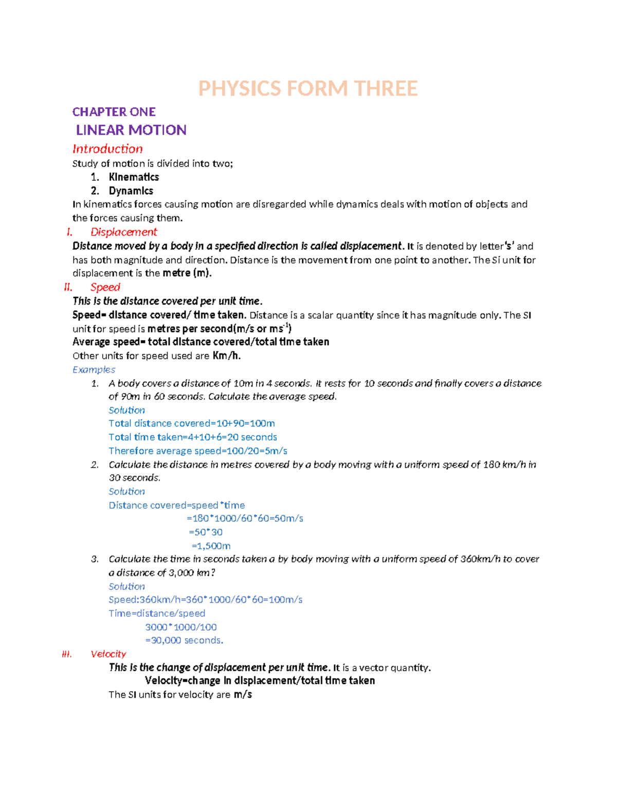 Physics FORM Three Notes - PHYSICS FORM THREE CHAPTER ONE LINEAR MOTION ...