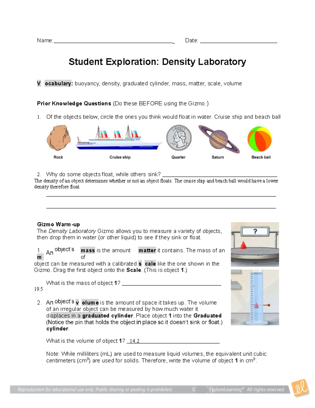 Density Labratory Gizmo - 2019 Name: _ Date: Student Exploration ...