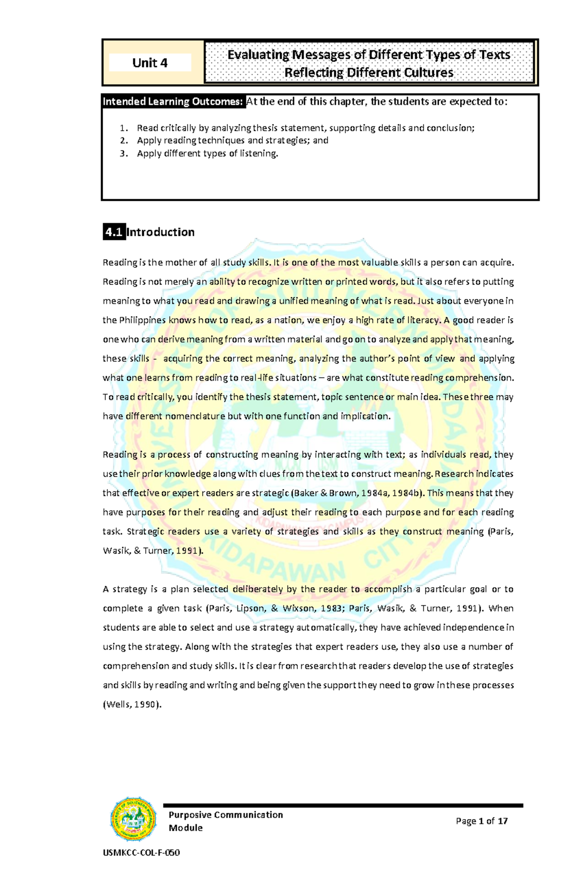Evaluating Messages of Different Types of Texts - Purposive Communication Module Page 1 of 17 ...
