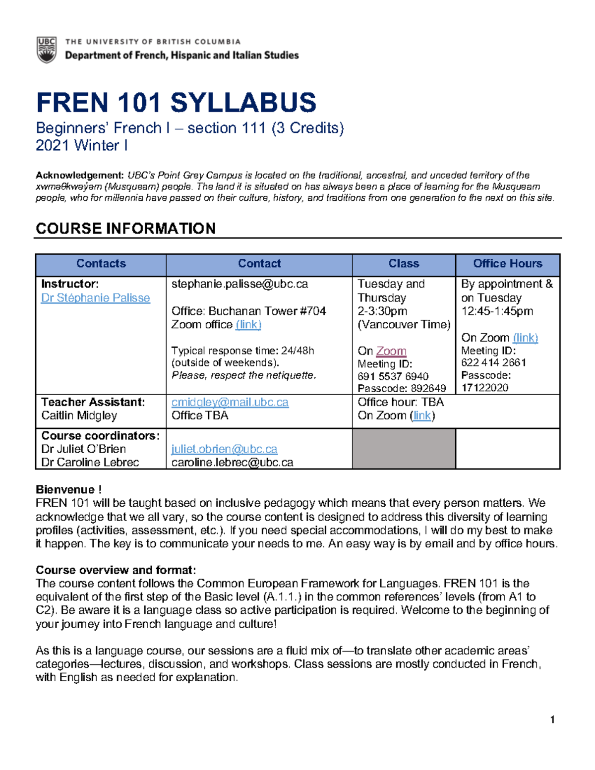 FREN101 2021W1 syllabus - FREN 101 - UBC - Studocu