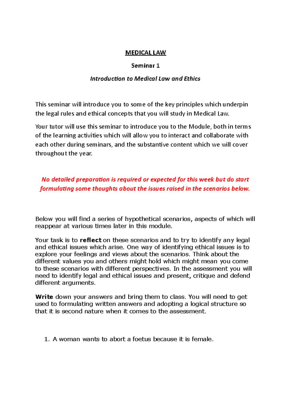 Seminar 1 ML - MEDICAL LAW Seminar 1 Introduction to Medical Law and ...