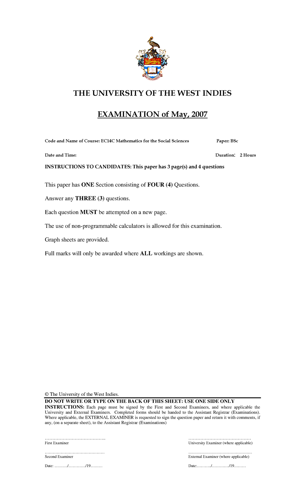 Final May 2007 - past paper - THE UNIVERSITY OF THE WEST INDIES ...