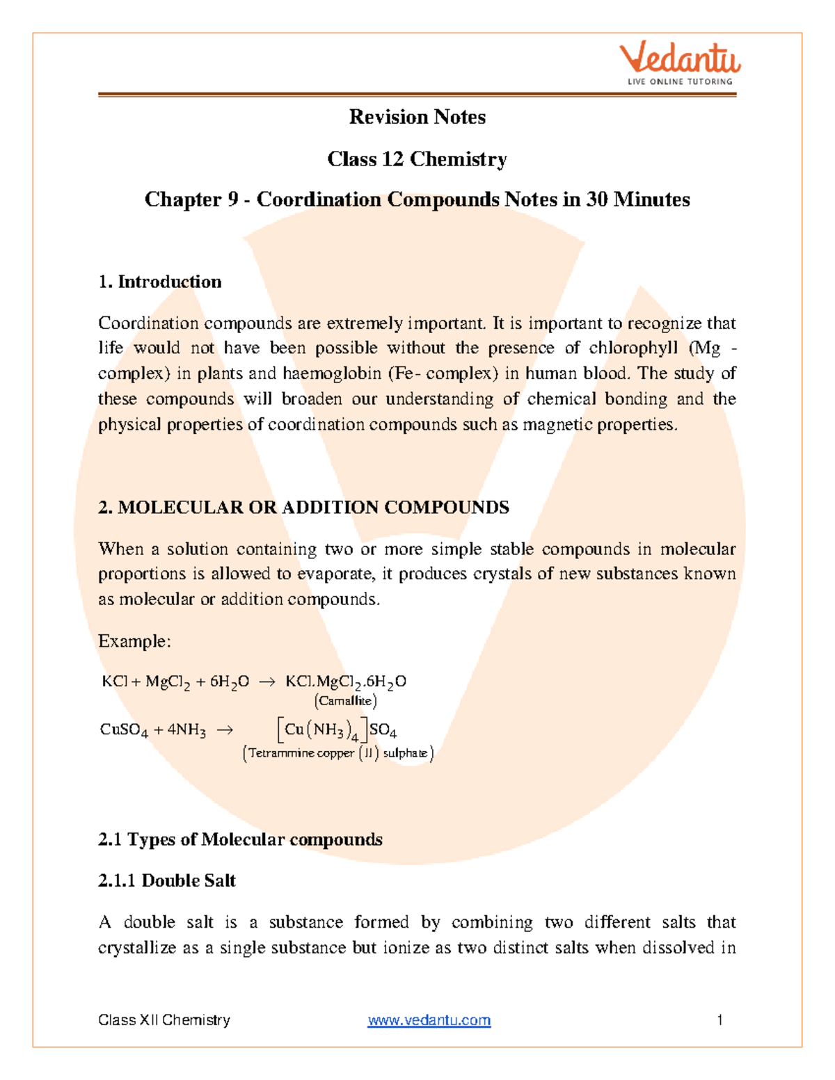 Class 12 Chemistry Revision Notes Coordination Compounds - Revision ...