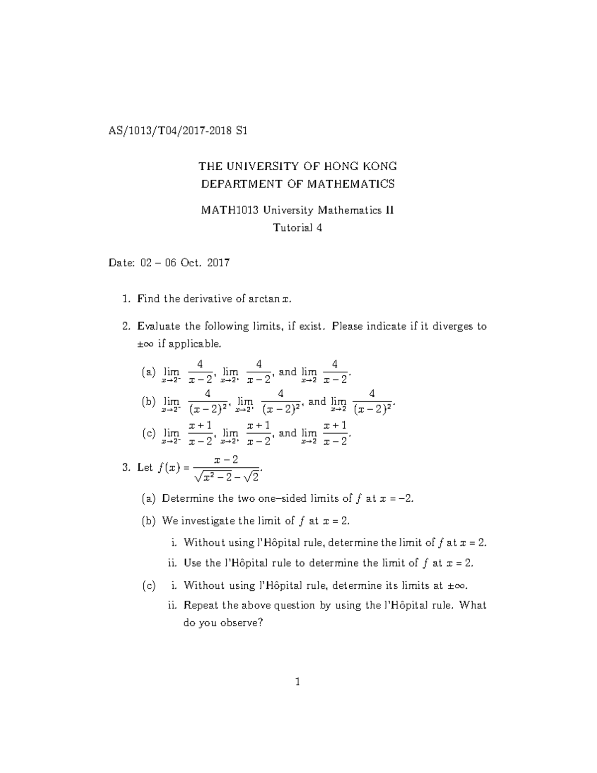 MATH1013 2017 Sem1 Tut04 - AS/1013/T04/2017-2018 S THE UNIVERSITY OF HONG KONG DEPARTMENT OF ...