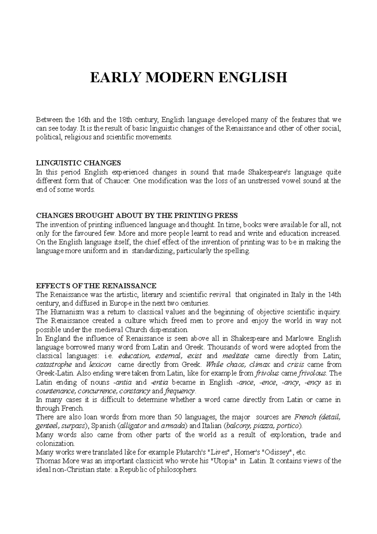 Early modern english - Summary - Westminster - Studocu