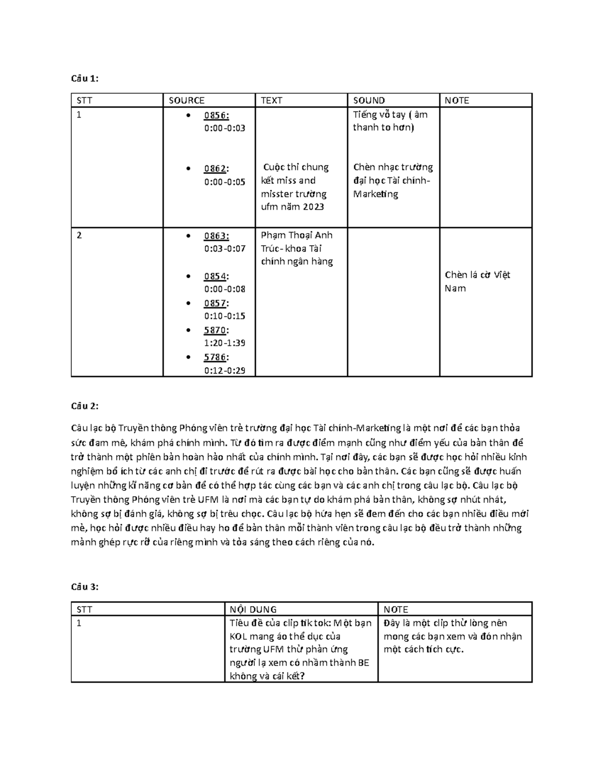 Phóng viên trẻ - vvvv - Câu 1: STT SOURCE TEXT SOUND NOTE 1 • 0856: 0:00-0: 0862 : 0:00-0: Cuộc ...