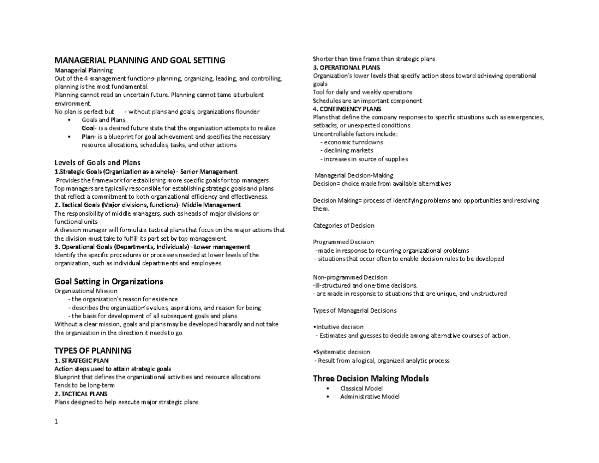 MGT Lesson 2,3,4 notes for midterm - MANAGERIAL PLANNING AND GOAL ...