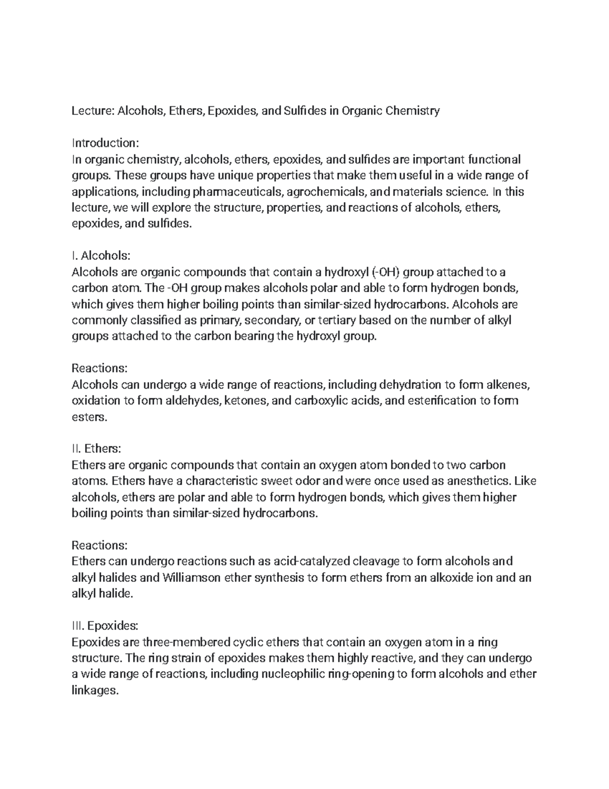 Lecture on alcohols, ethers, epoxides, and sulfides in organic ...