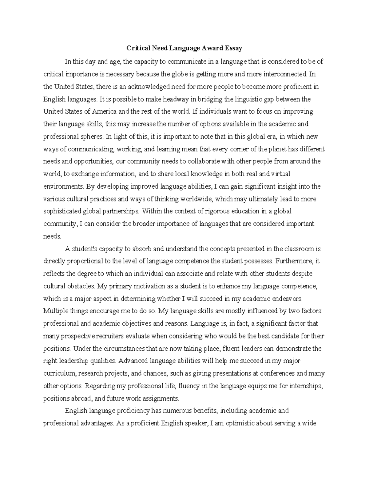 Critical Need Language Award Essay Completed - Critical Need Language Award Essay In this day ...