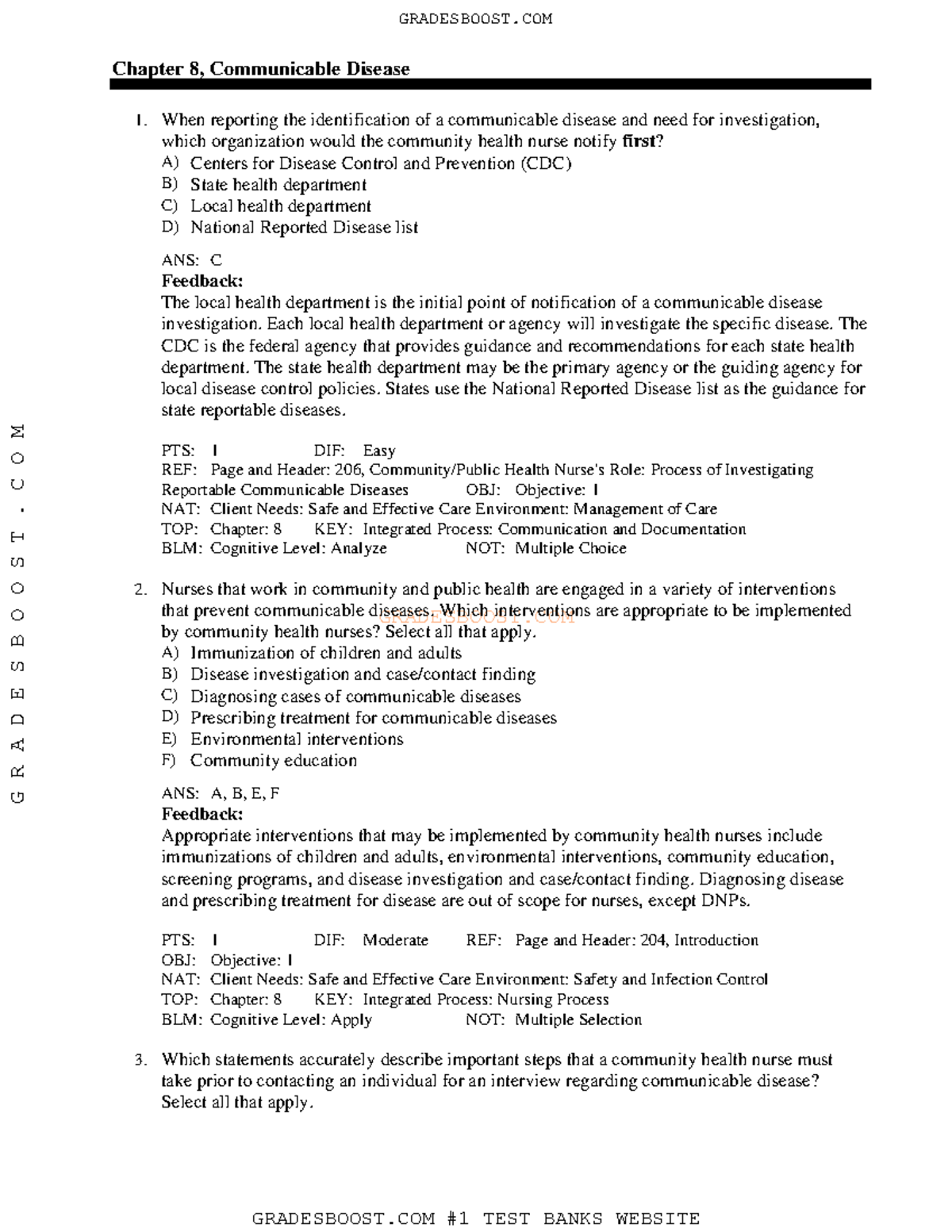 Chapter 8 - practice questions - G R A D E S B O O S T. C O M Chapter 8, Communicable Disease 1 ...