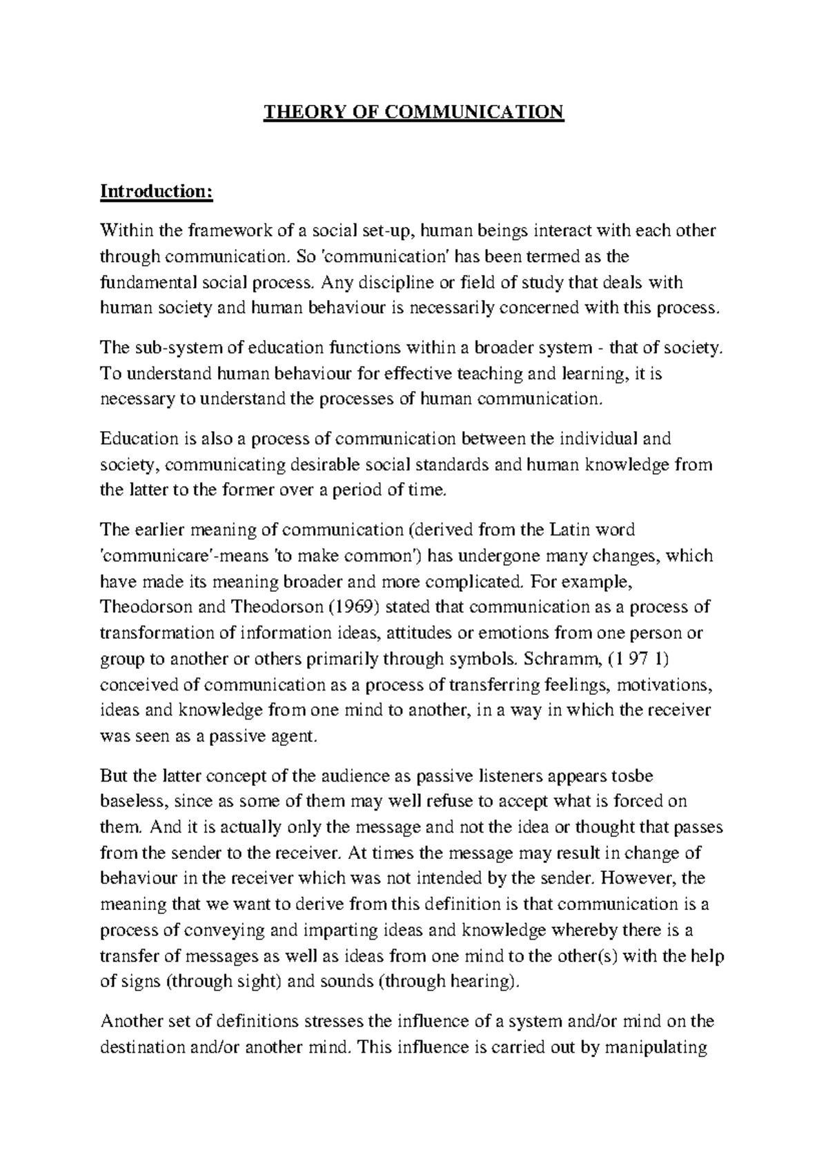 Theory OF Communication - THEORY OF COMMUNICATION Introduction: Within ...