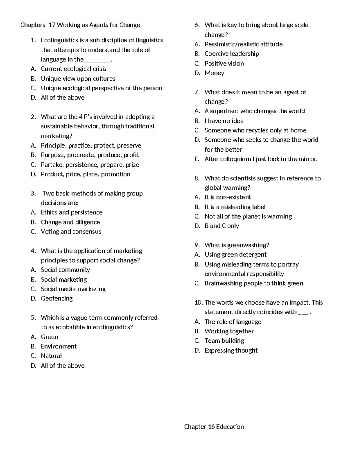 2019 chapters 16, 17 - assignment for this class - Chapters 17 Working as Agents for Change 1 ...