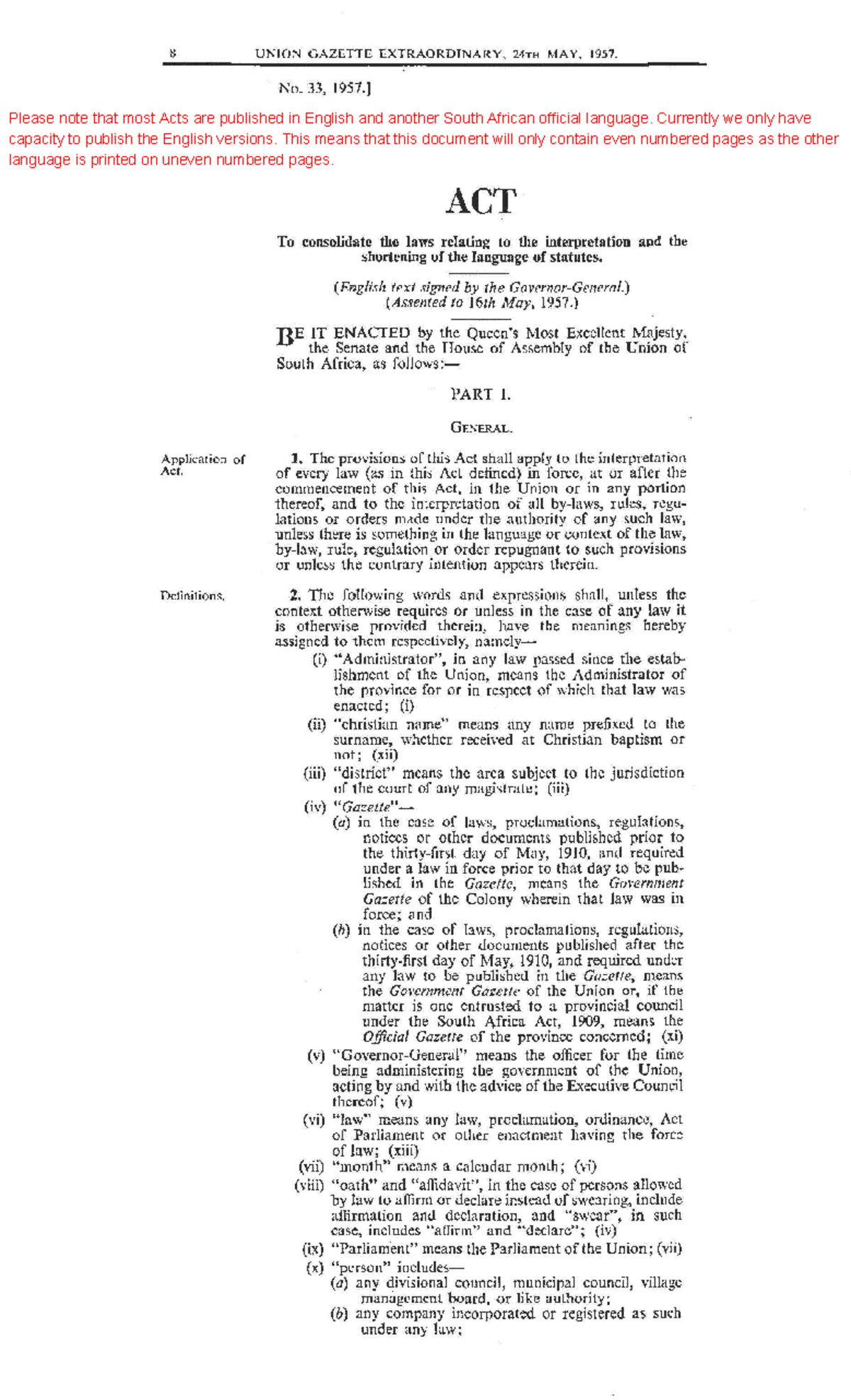 Act 33 1957 Interpretation Act UNION GAZETTE EXTRAORDINARY 24TH MAY