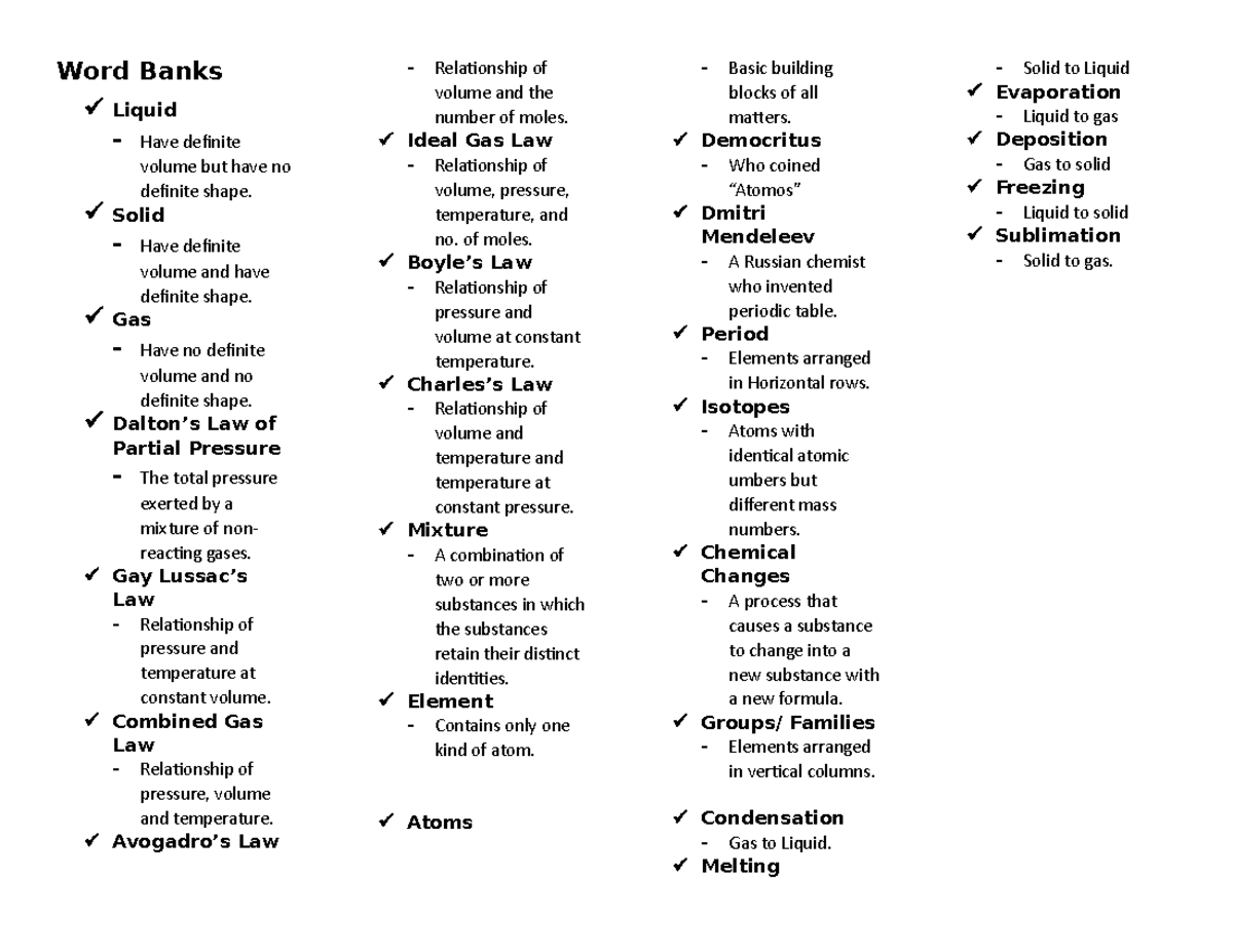 Word Banks - notes - Word Banks Liquid - Have definite volume but have ...