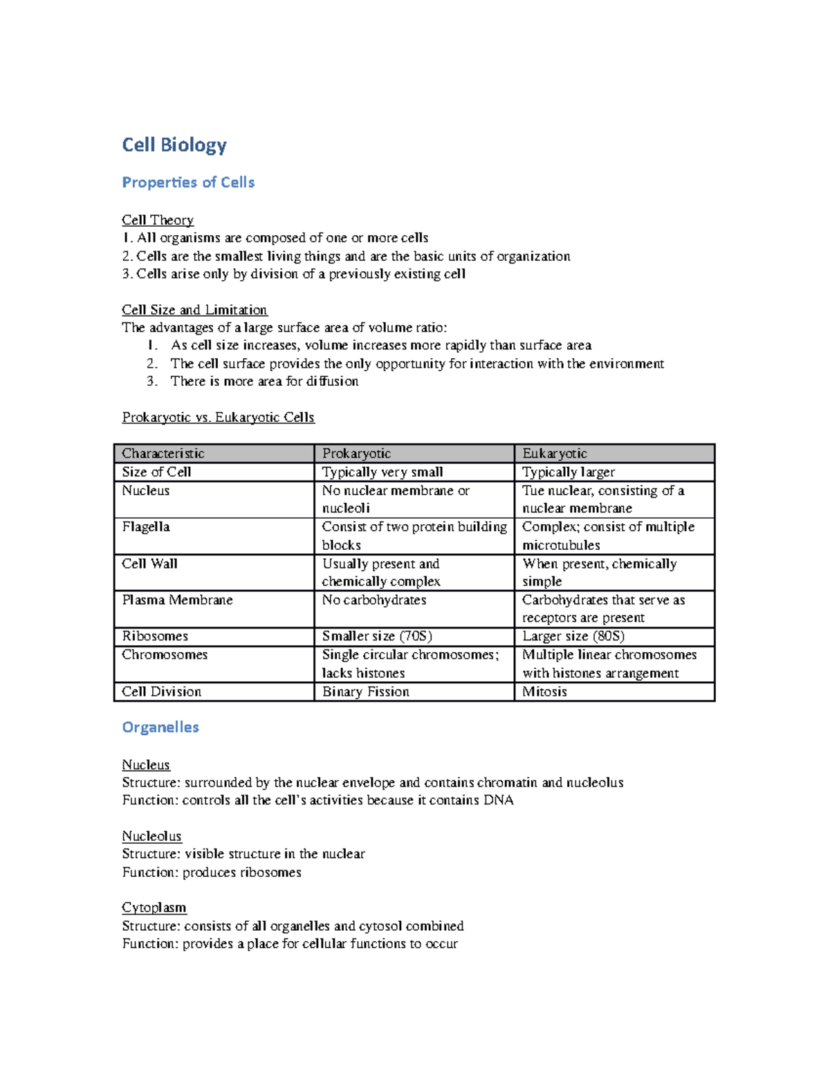 General biology notes - Cell Biology Properties of Cells Cell Theory 1 ...