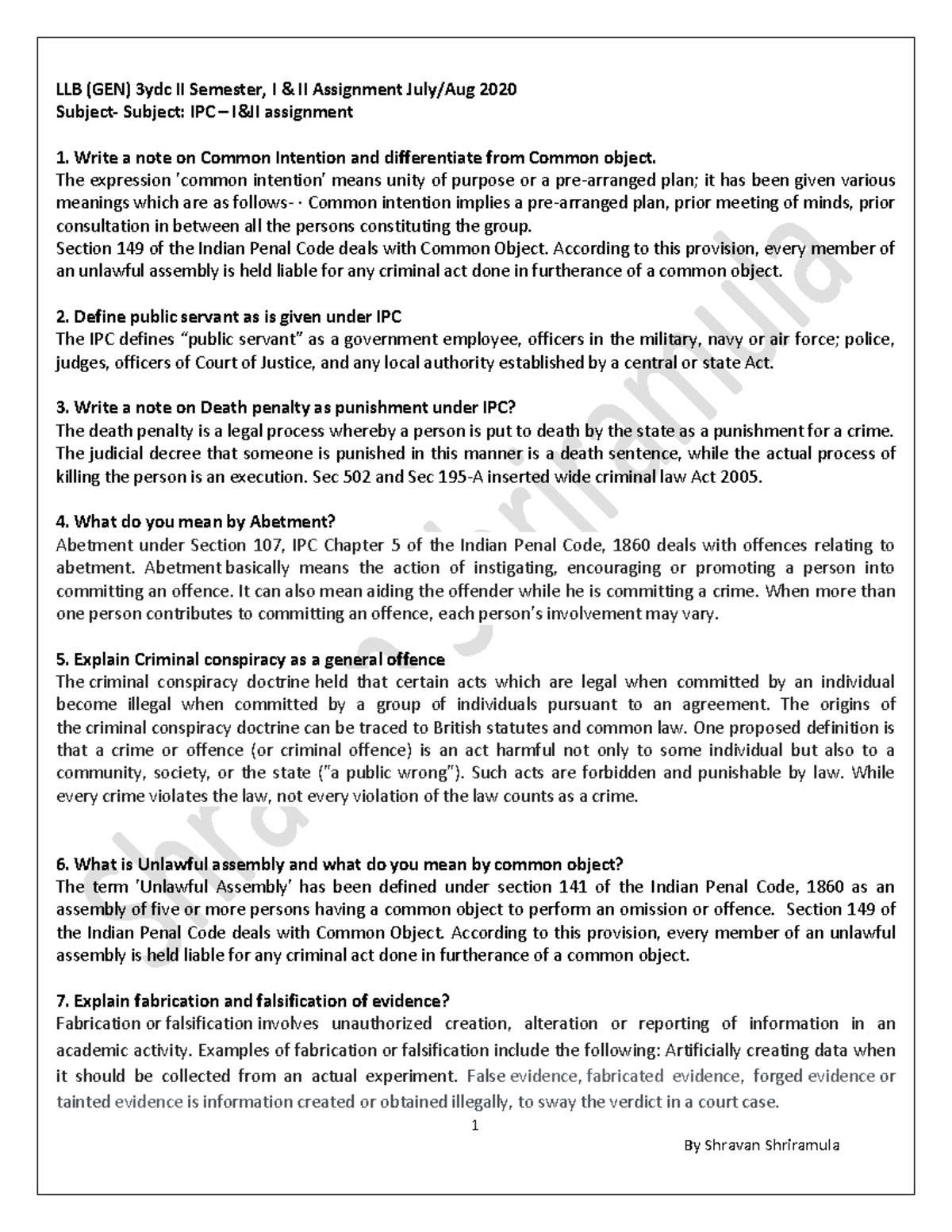 IPC By SS - LLB (GEN) 3ydc II Semester, I II Assignment 2020 Subject ...