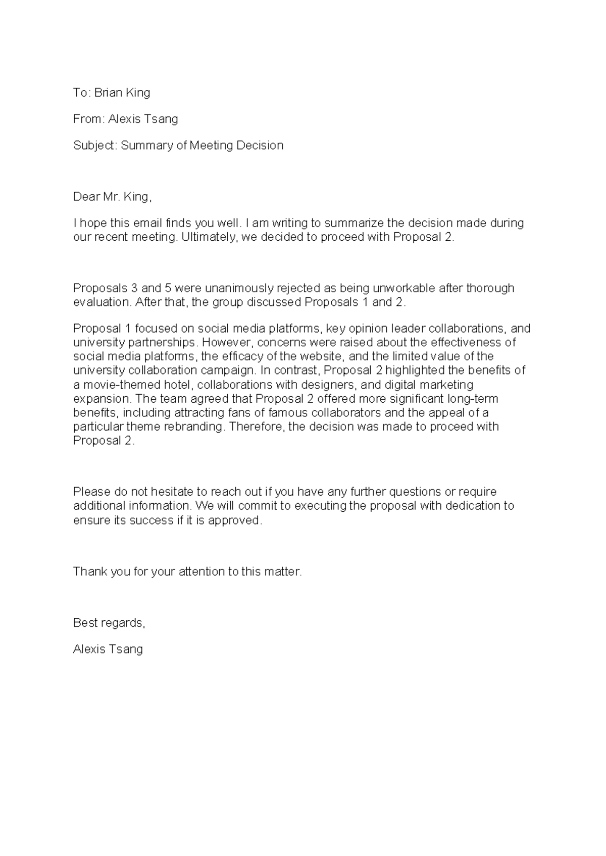 2402 - email - To: Brian King From: Alexis Tsang Subject: Summary of ...