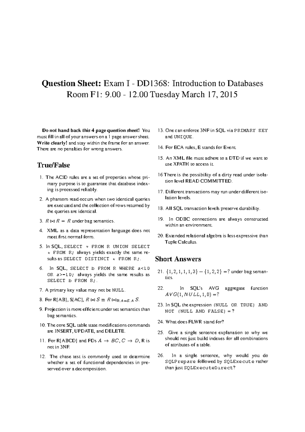 DD1368 Introduction to databases Exam 17 mach 2015 - Question Sheet ...
