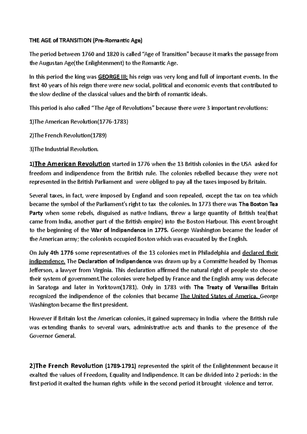 THE AGE of Transition -notes - THE AGE of TRANSITION (Pre-Romantic Age ...