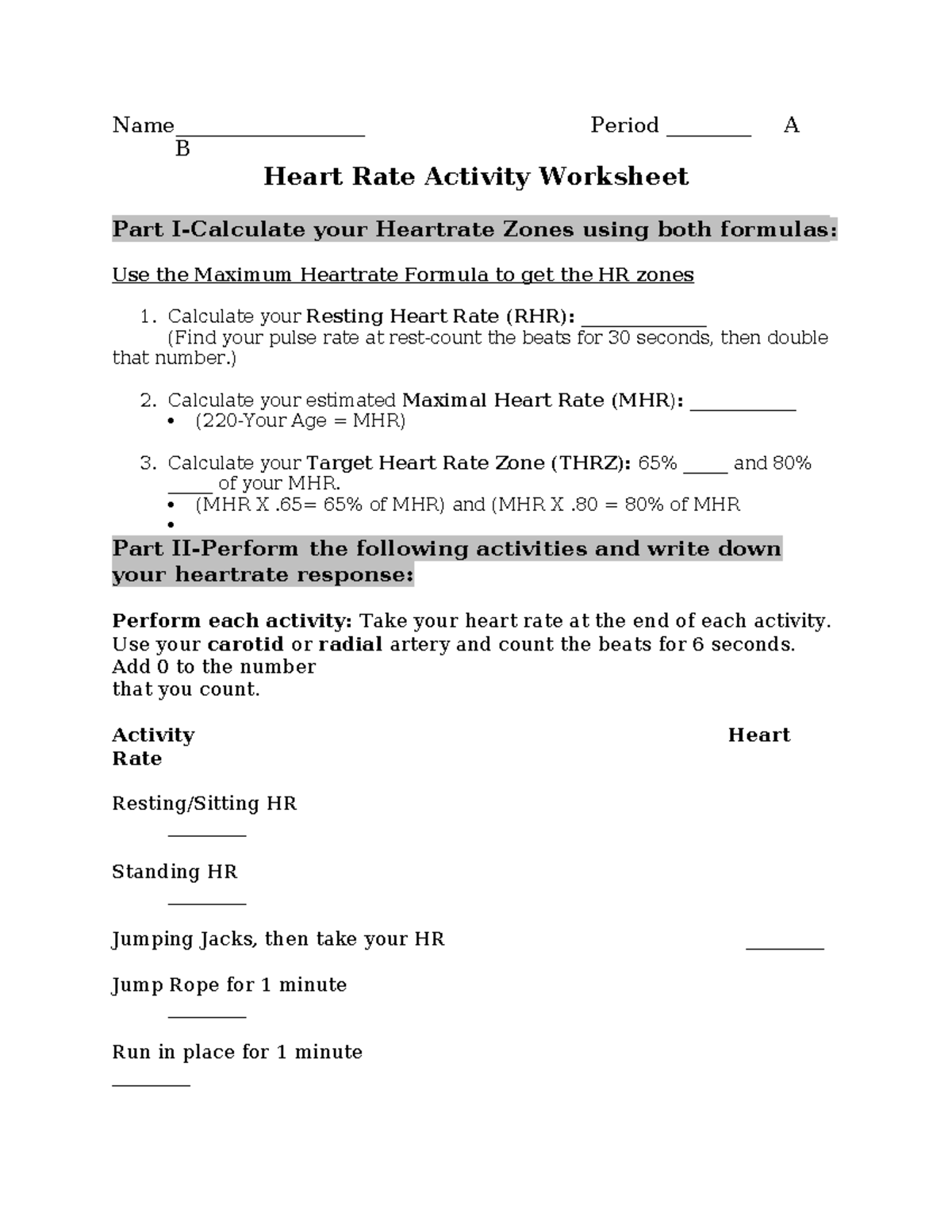 Heart Rate activity - Name__________________ Period ________ A B Heart ...