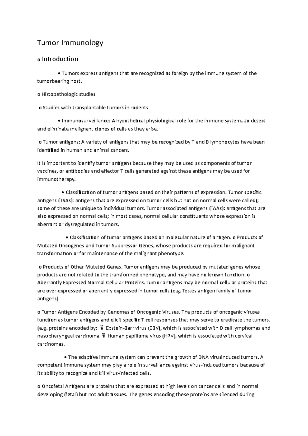 Tumor Immunology - notes - Tumor Immunology o Introduction Tumors ...