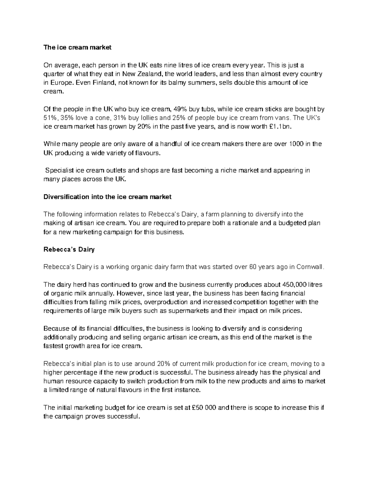 Bridging project btec business - The ice cream market On average, each ...