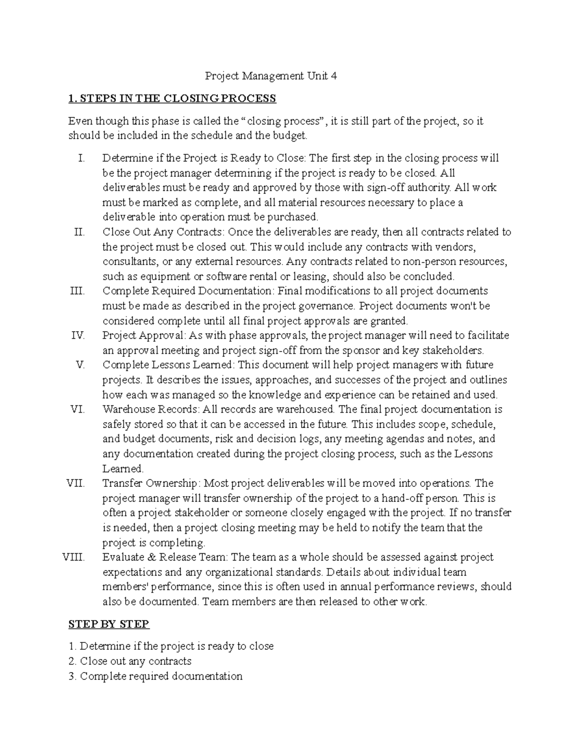 Project Management Unit 4 Notes - Project Management Unit 4 1. STEPS IN ...
