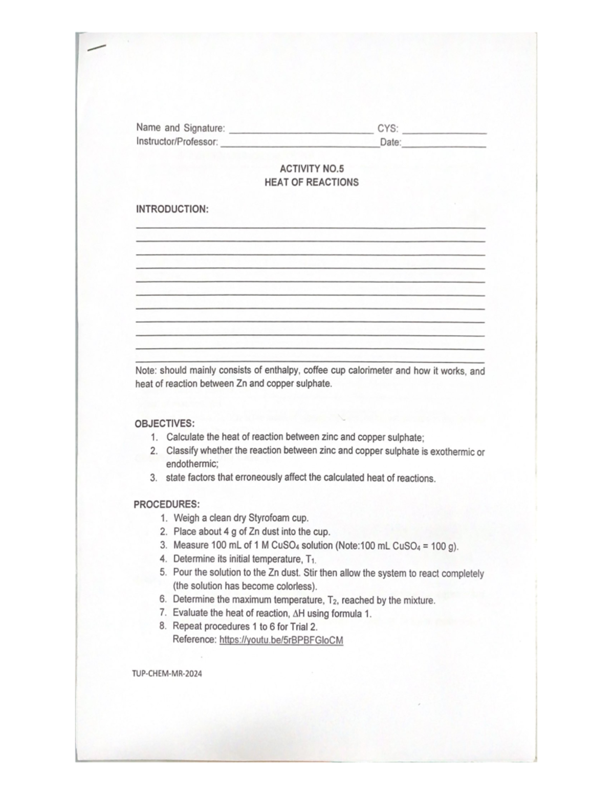 Heat of reactions - none - Name and Signature: CYS: Date: ACTIVITY NO ...