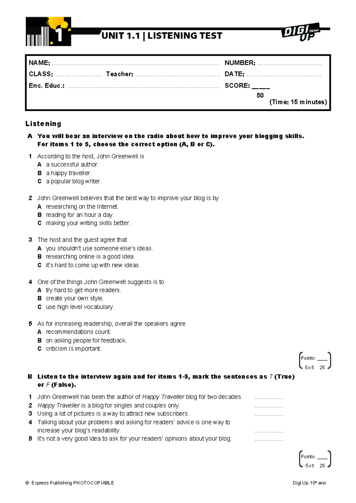 DIGI UP 10ANO TEST Listening UNIT 1 - NAME - Studocu