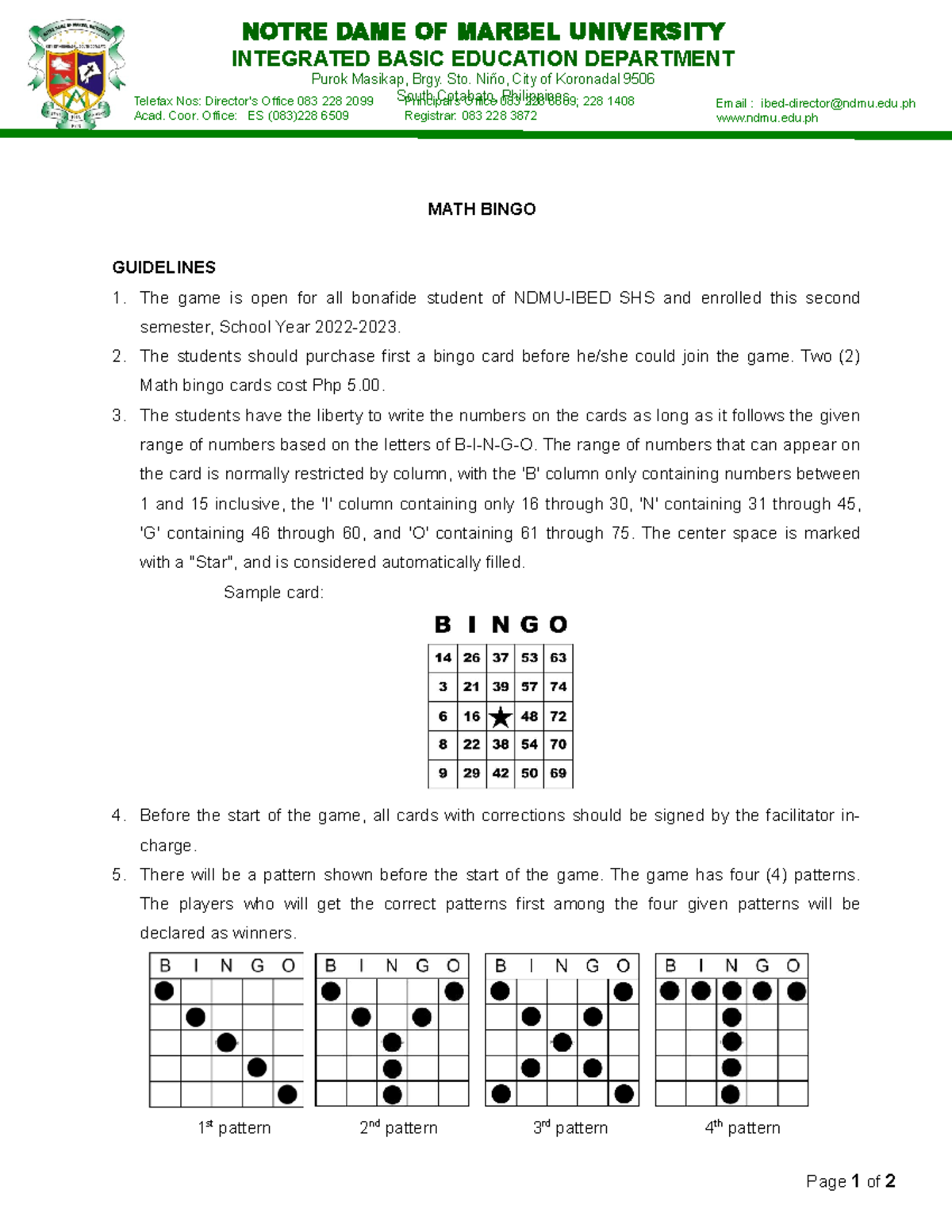 MATH Bingo Guidelines For Intramural Games MATH BINGO GUIDELINES