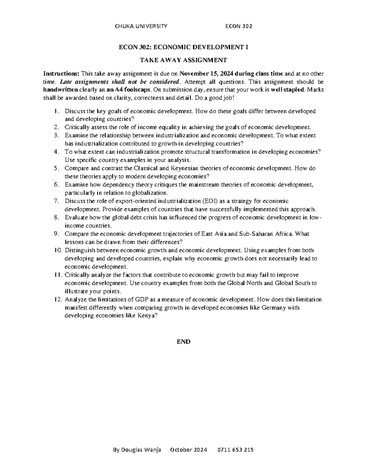 Econ 302 Econ 302 Economic Development I Sep Dec 2024 Chuka