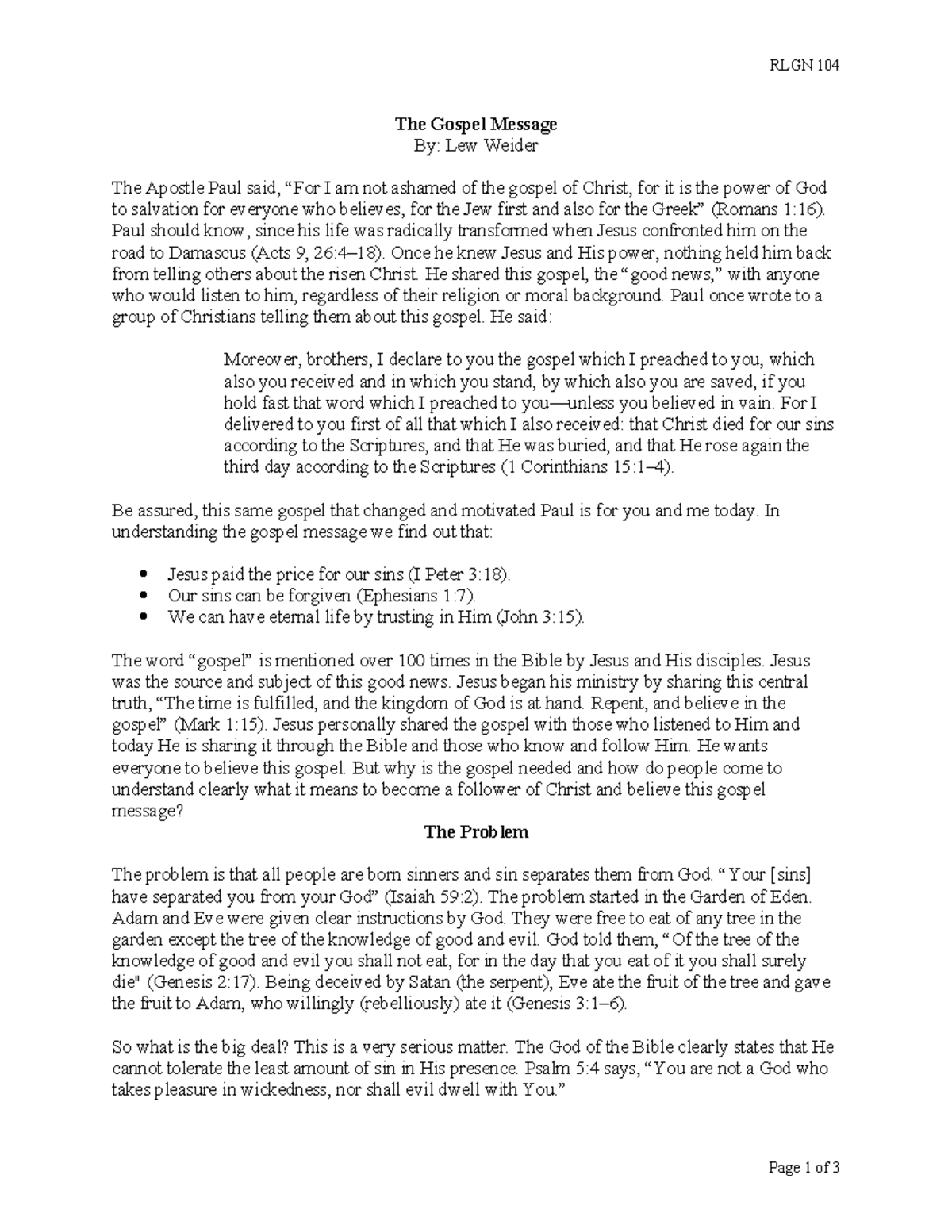 The Gospel Message - homeworkl - RLGN 104 The Gospel Message By: Lew ...