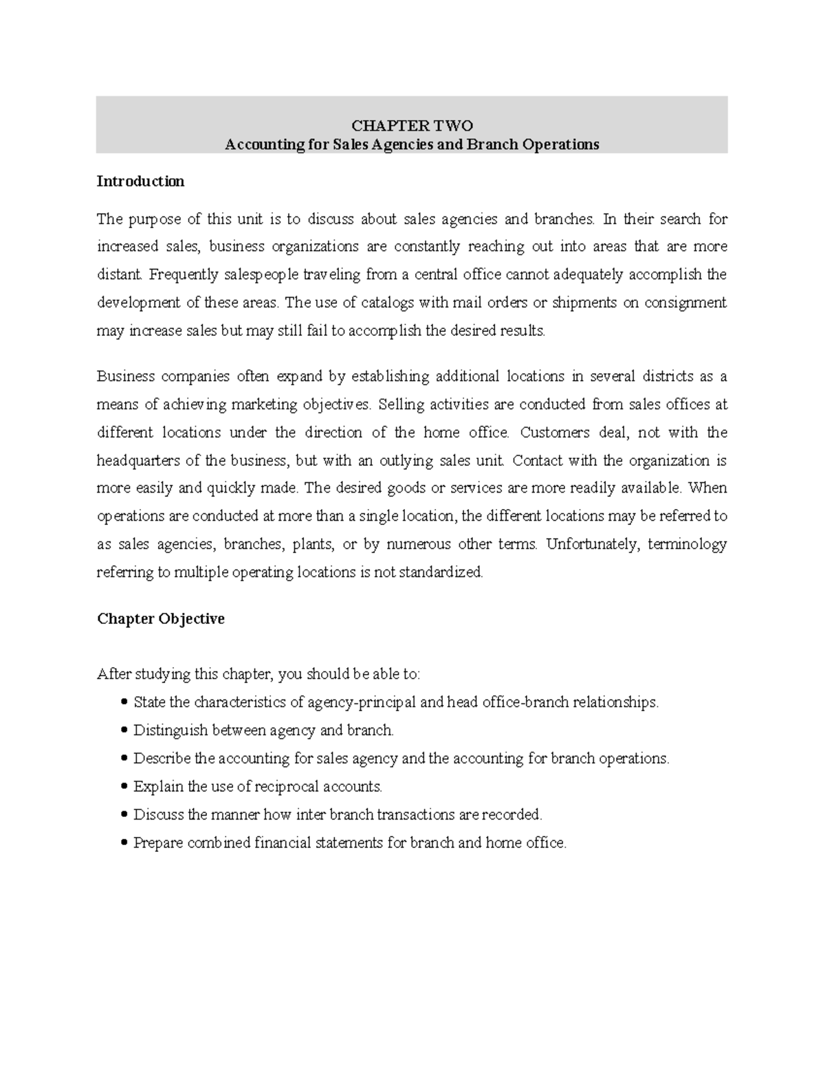 Chapter 2-AFA II - CHAPTER TWO Accounting for Sales Agencies and Branch ...