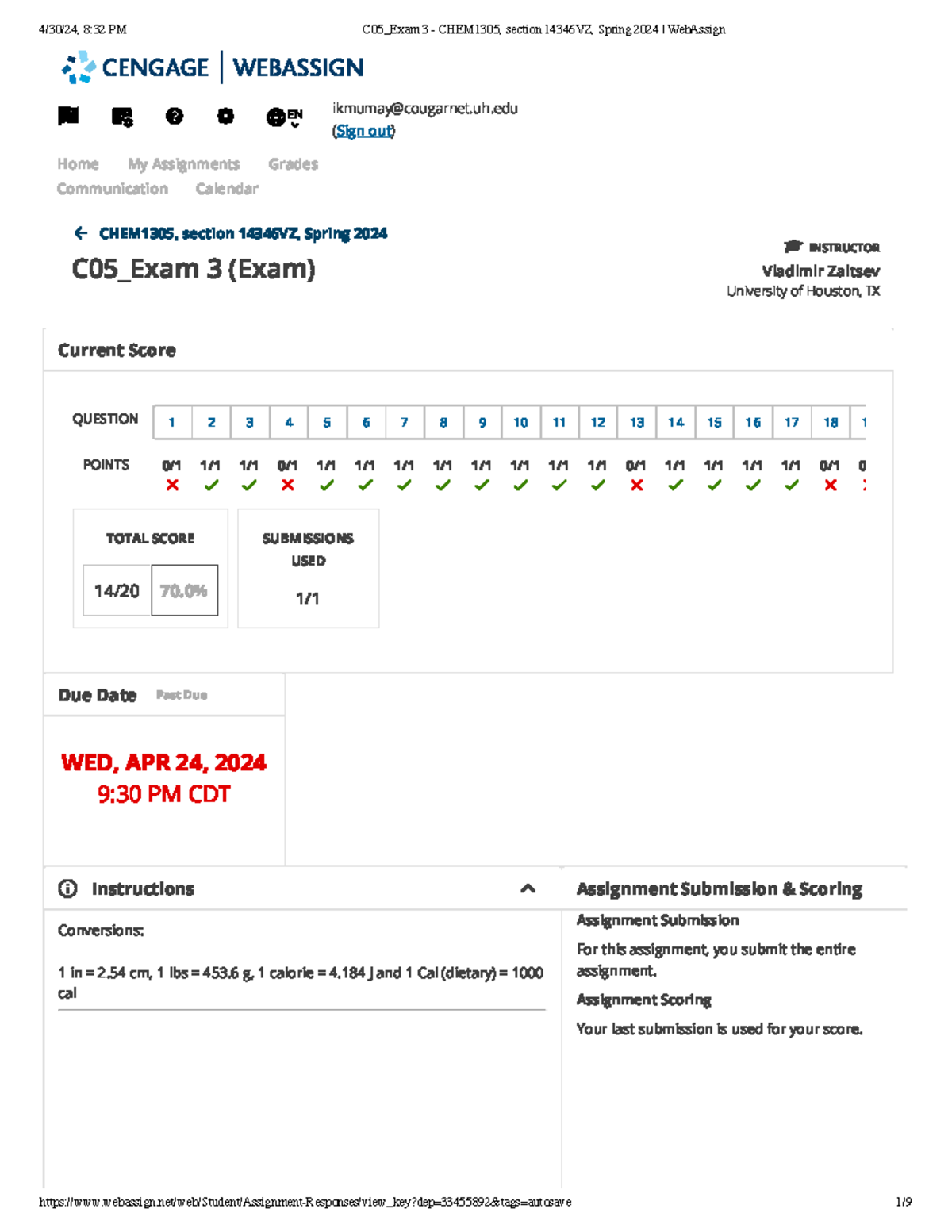 C05 Exam 3 - CHEM1305, section 14346 VZ, Spring 2024 Web Assign - EN ...