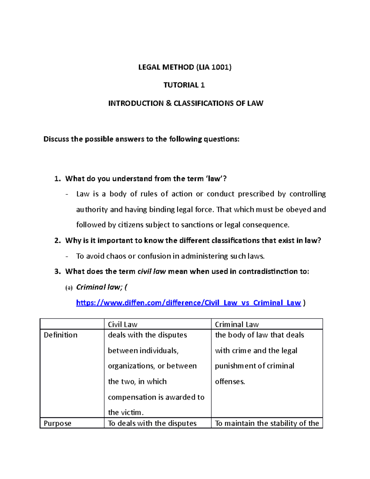 Tutorial 1 Introduction and Classification - LEGAL METHOD (LIA 1001) TUTORIAL 1 INTRODUCTION ...