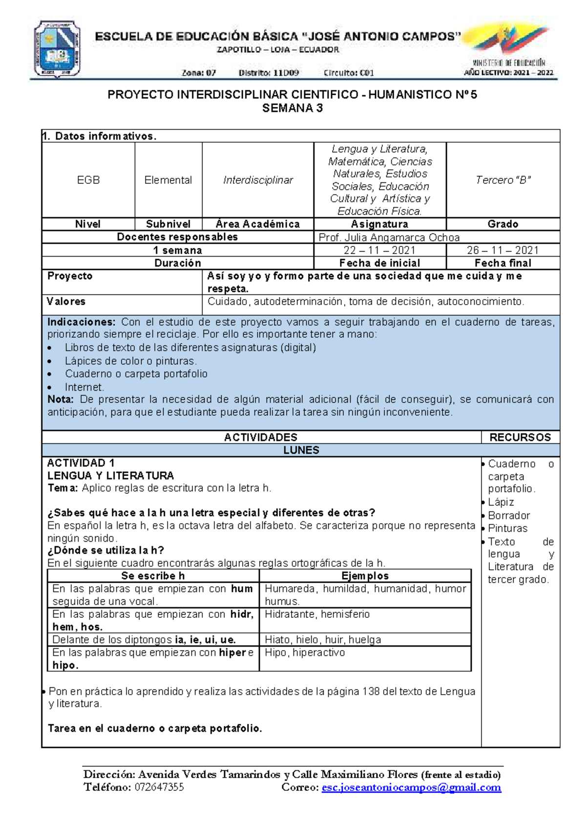 3ro B .Ficha del Proyecto 5 Semana 3 - Dirección: Avenida Verdes Tamarindos y Calle Maximiliano ...