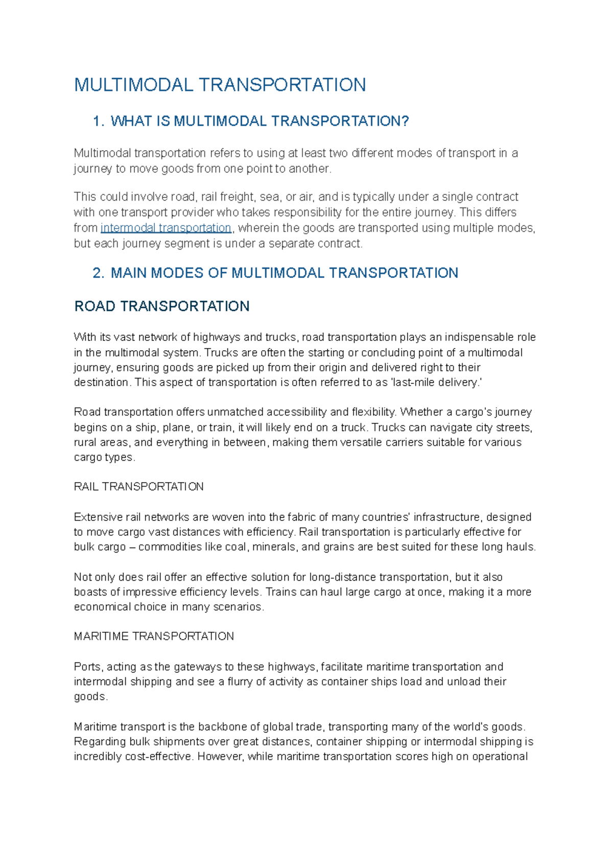 Multimodal Transportation - MULTIMODAL TRANSPORTATION 1. WHAT IS ...