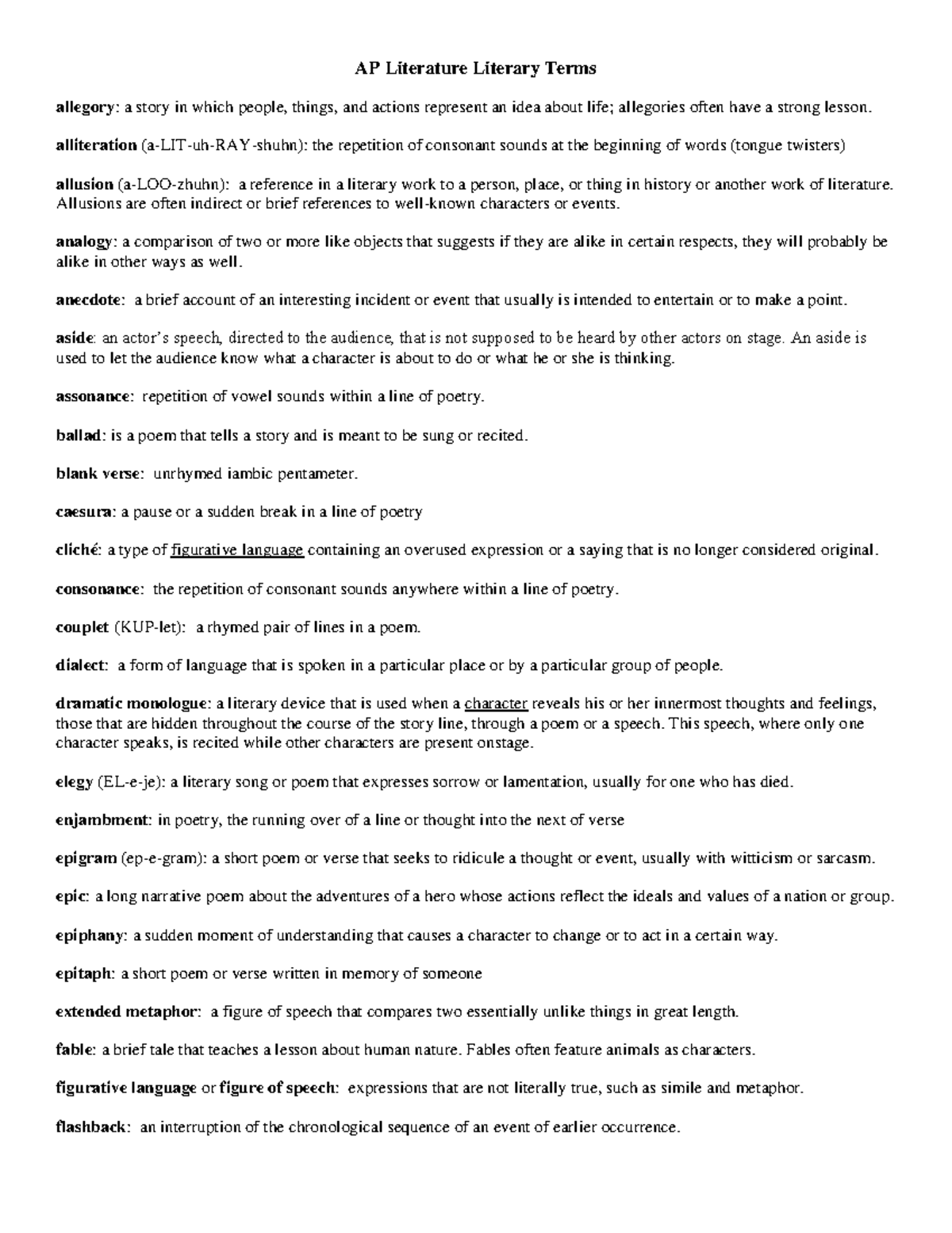 English Vocabulary - AP Literature Literary Terms allegory: a story in ...