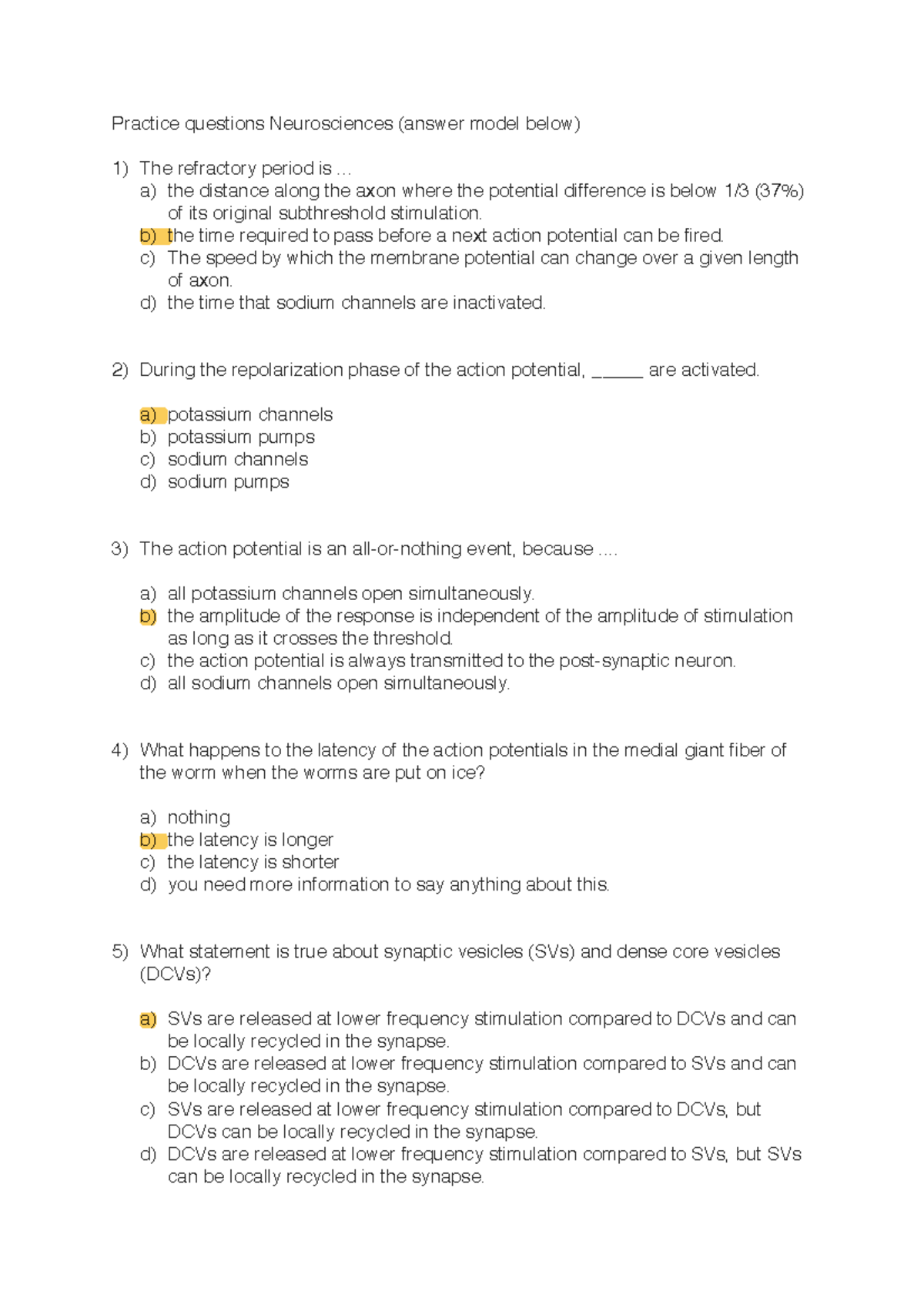 Practice questions Neurosciences 2019-2020 - Practice questions ...