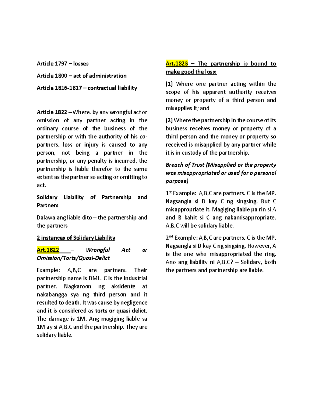 Article-1822-1843 - LAW 2 notes - Article 1797 – losses Article 1800 ...
