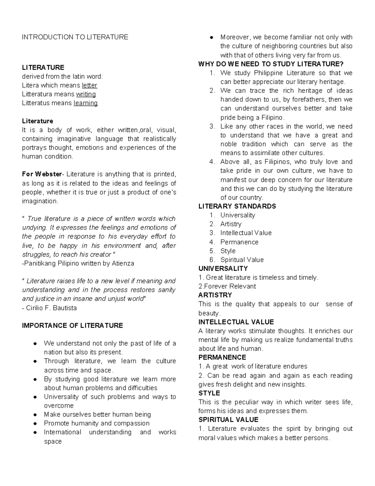 LIT - INTRODUCTION TO LITERATURE LITERATURE derived from the latin word ...