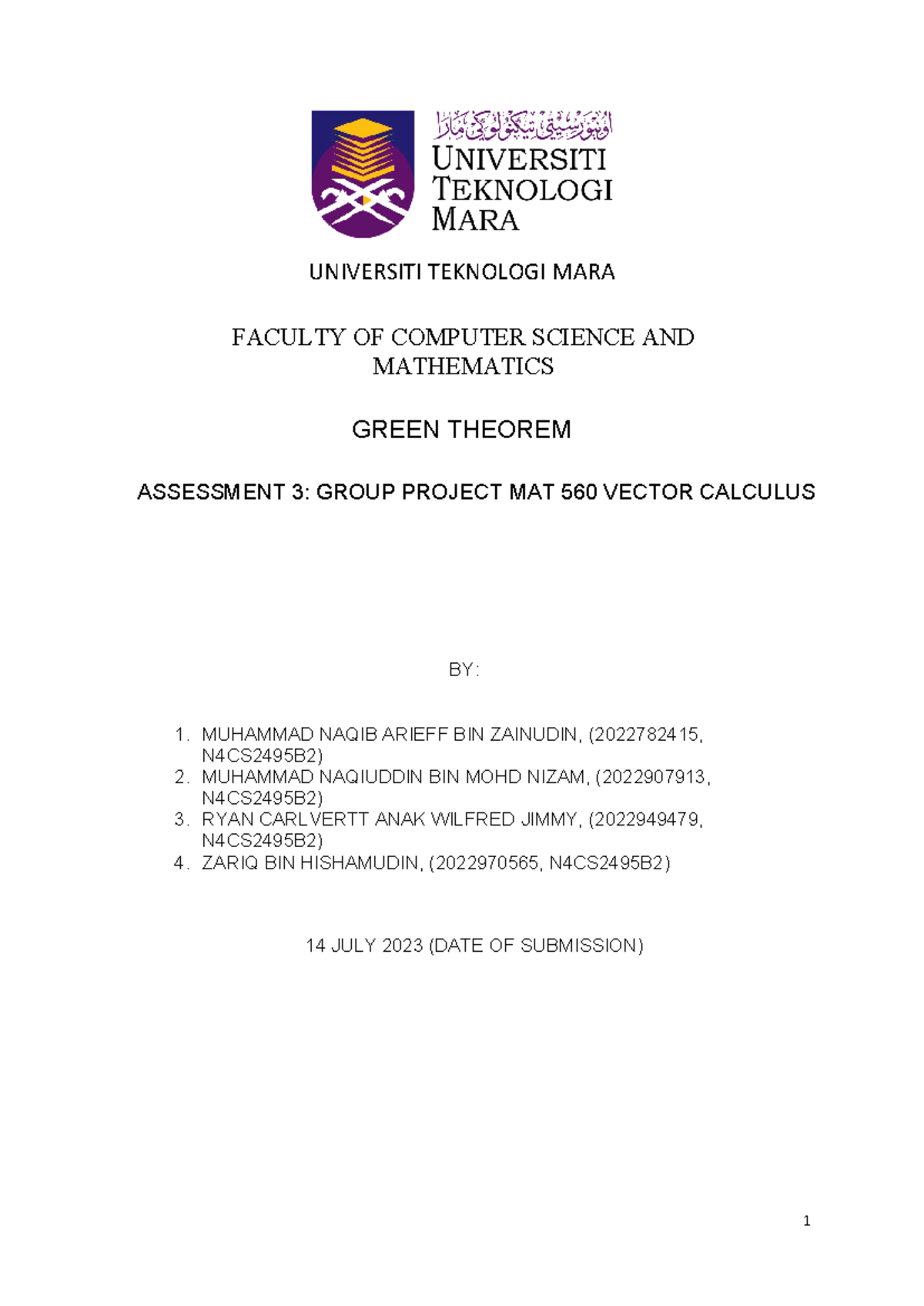 Mat560 Vector Calculus Report - UNIVERSITI TEKNOLOGI MARA FACULTY OF ...