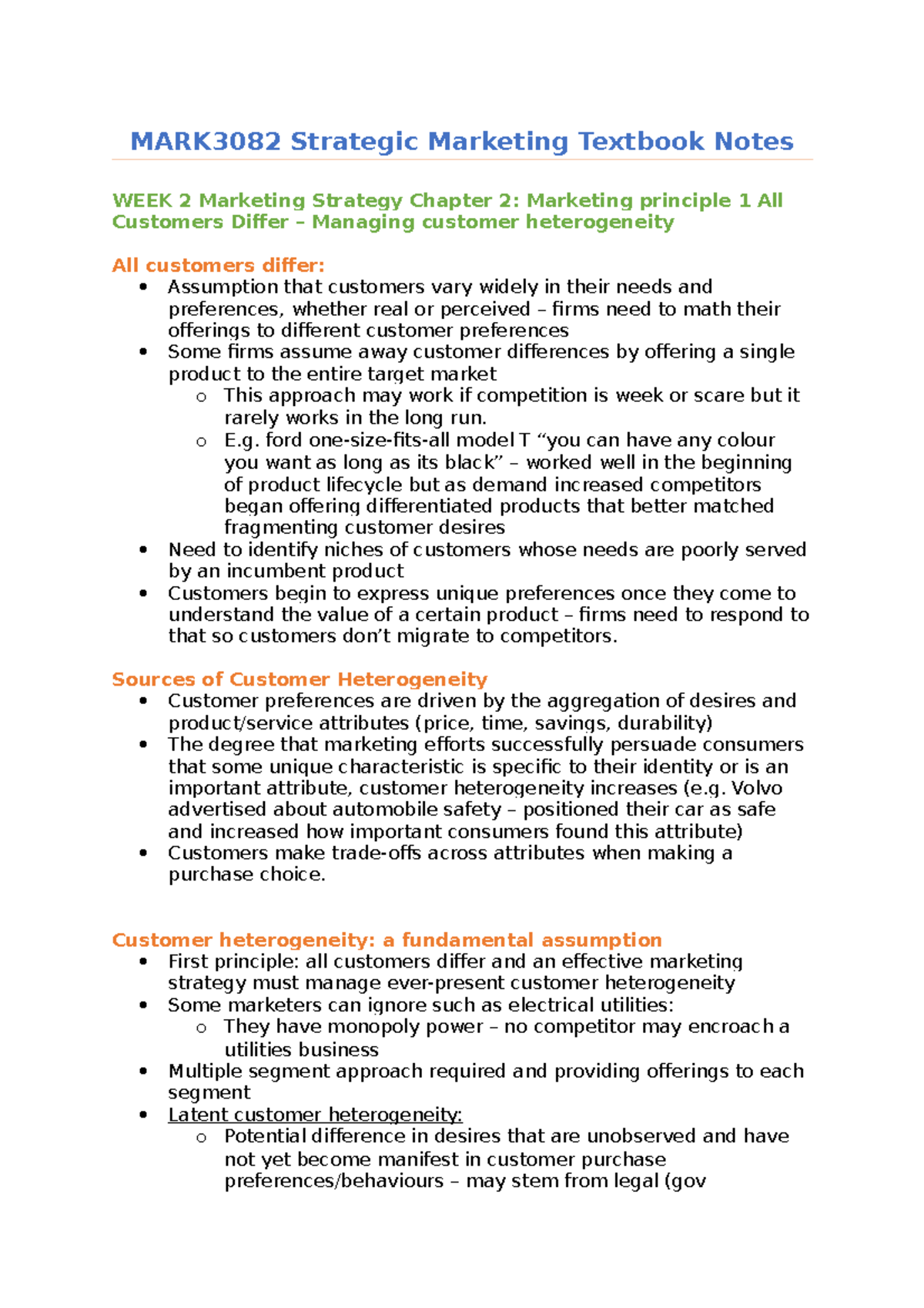 MARK3082 Strategic Marketing Textbook Notes - o E. ford one-size-fits ...